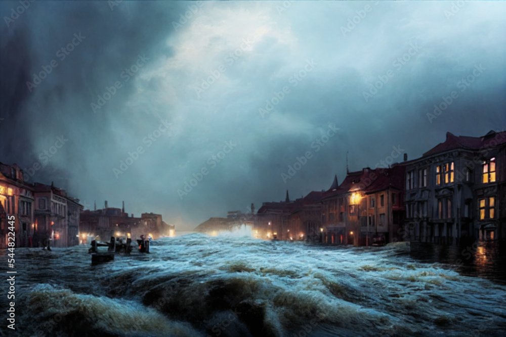 Flooding on the streets of the city. Giant waves overwhelm houses and ...