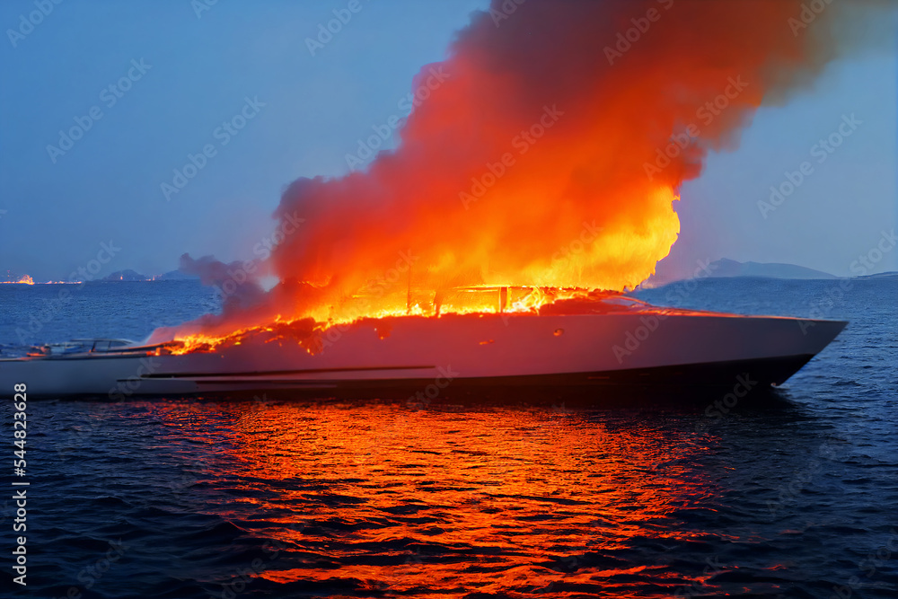 Yacht fire. The ship is on fire. Explosion and fire on a private vessel ...