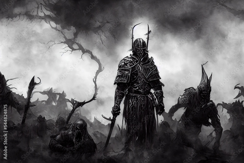 Ancient dead terrible knight warrior. Realistic illustration sketch and ...