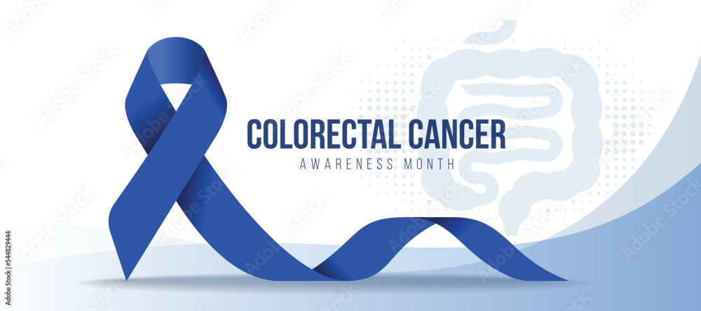 Colorectal Cancer Awareness Month Dark Blue Ribbon Awareness Sign On Intestine And Colon