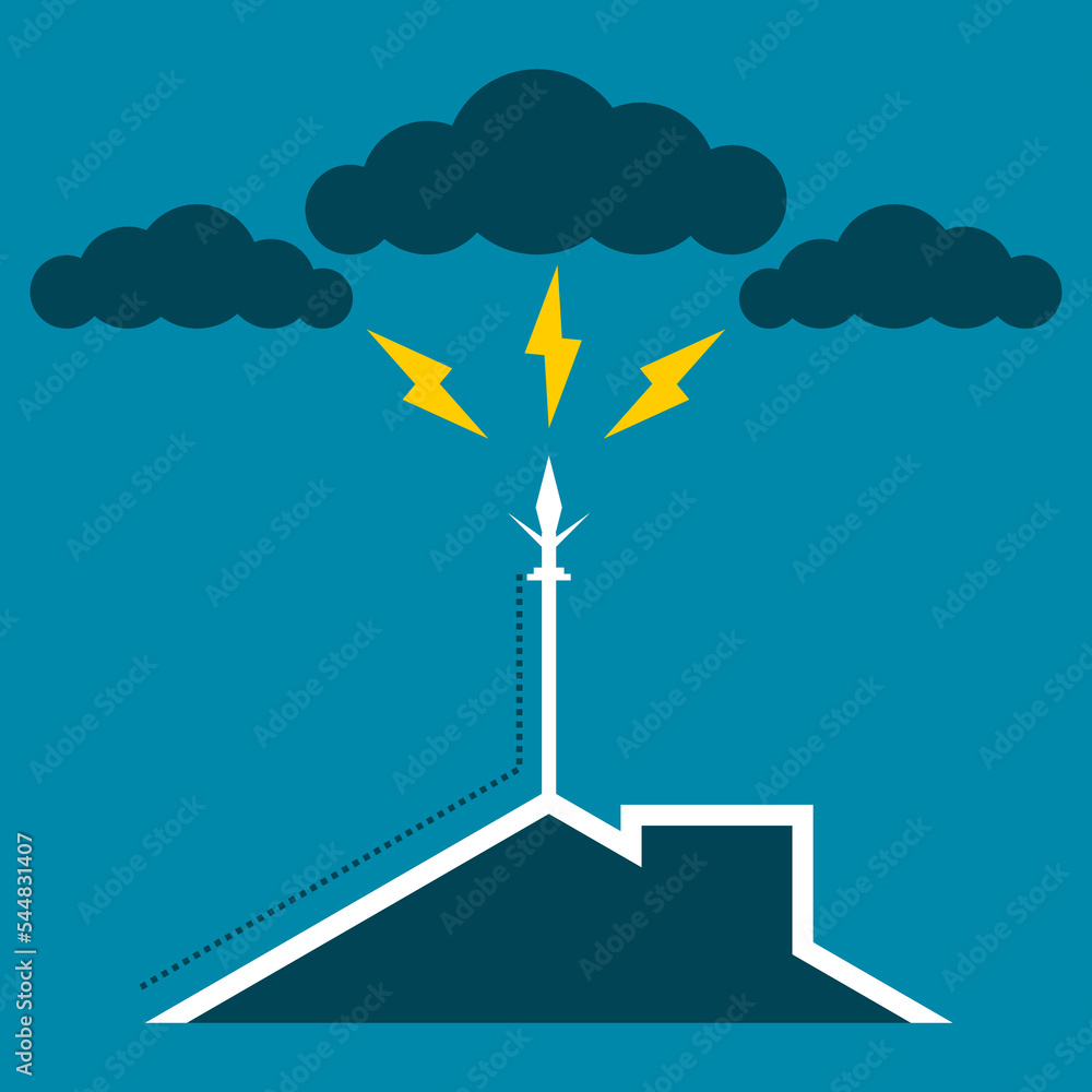 Lightning rod on top roof of building house with thunder cloud ...