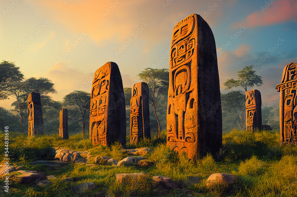 Megalithic stone pillars lost in the jungle during sunrise. Realistic ...