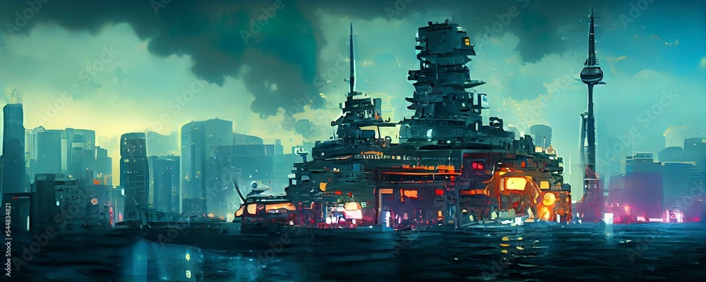Cyberpunk neon city night. Futuristic city scene panorama. Sci fi ...