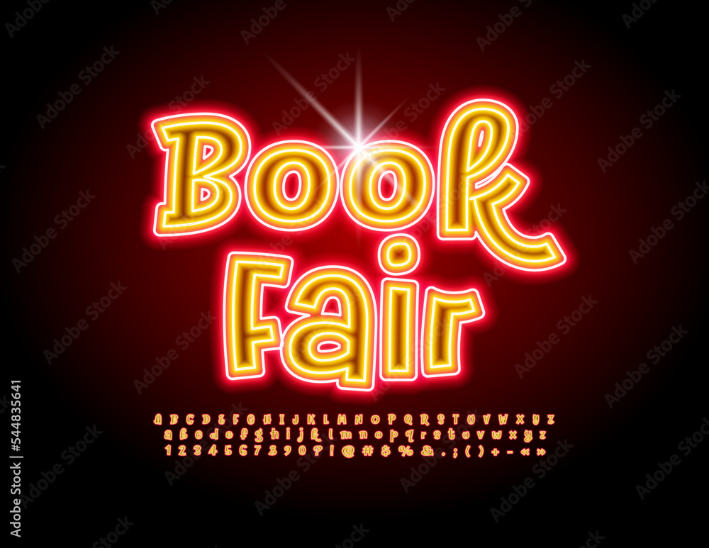 Vector neon banner Book Fair. Bright glowing Font. Artistic set of ...