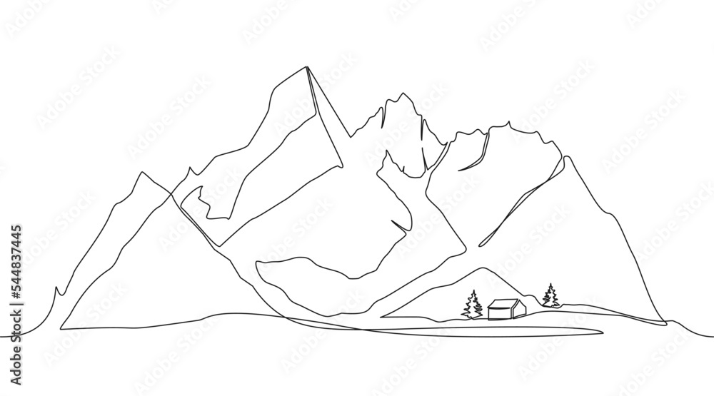 Poster single continuous line drawing of mountain landscape with cabin ...