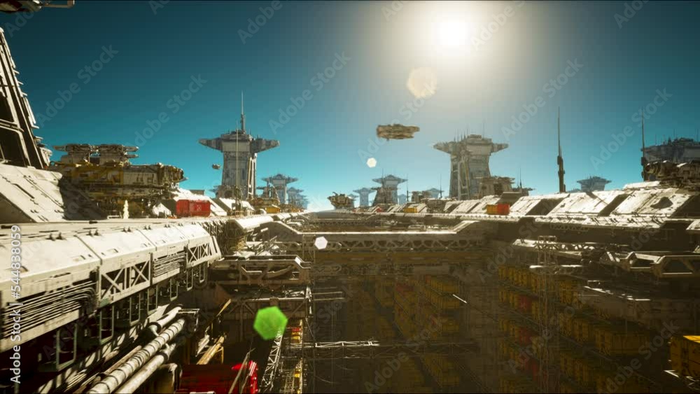 Futuristic Sci Fi Ships Flying Through a Military War Trading Base ...