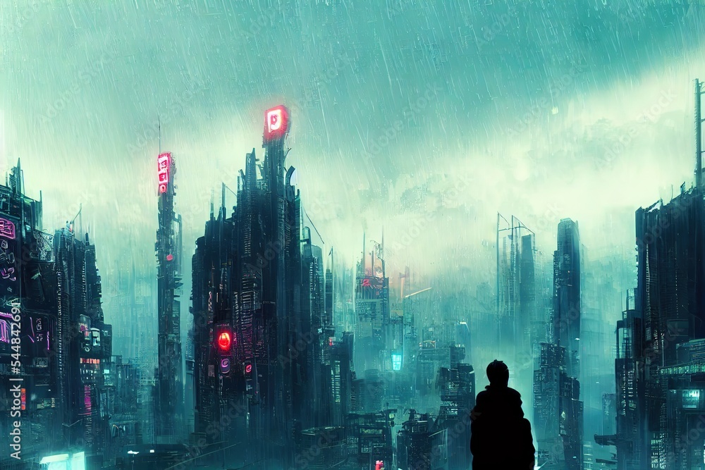 Asian, japanese cyberpunk futuristic city. Dark rainy day with sky ...