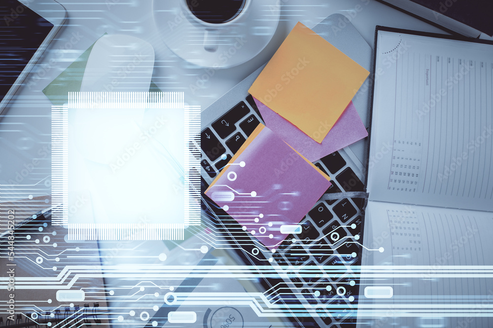 Double exposure of data hologram sketch over study table background ...