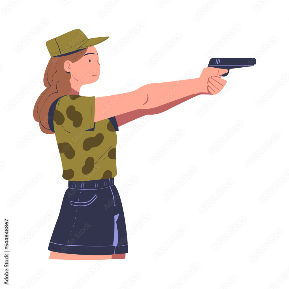 Young woman with gun aiming at target at shooting range. Female athlete ...