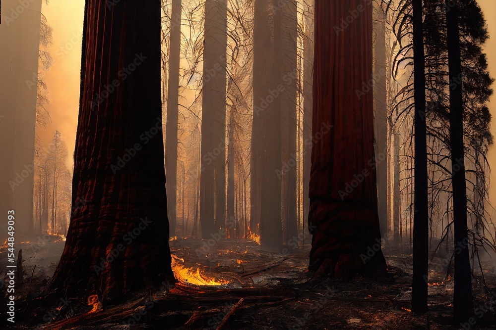 Closeup forest fire with flames and thick smoke clouds natural disaster ...