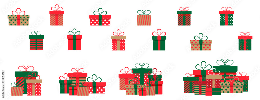 Set of christmas gift boxes with ribbons and bows.A pile of christmas ...