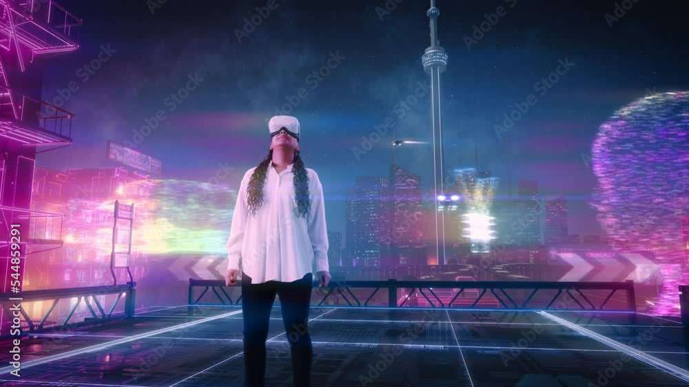 Black Woman Wearing Virtual Reality Headset Enters Metaverse. VR ...
