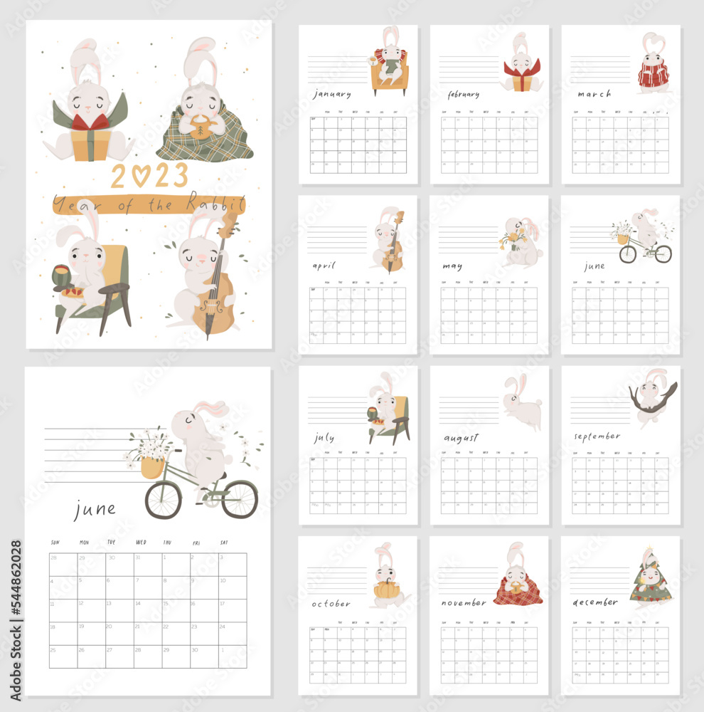2023 new year of the rabbit calendar template design. Symbol of the ...