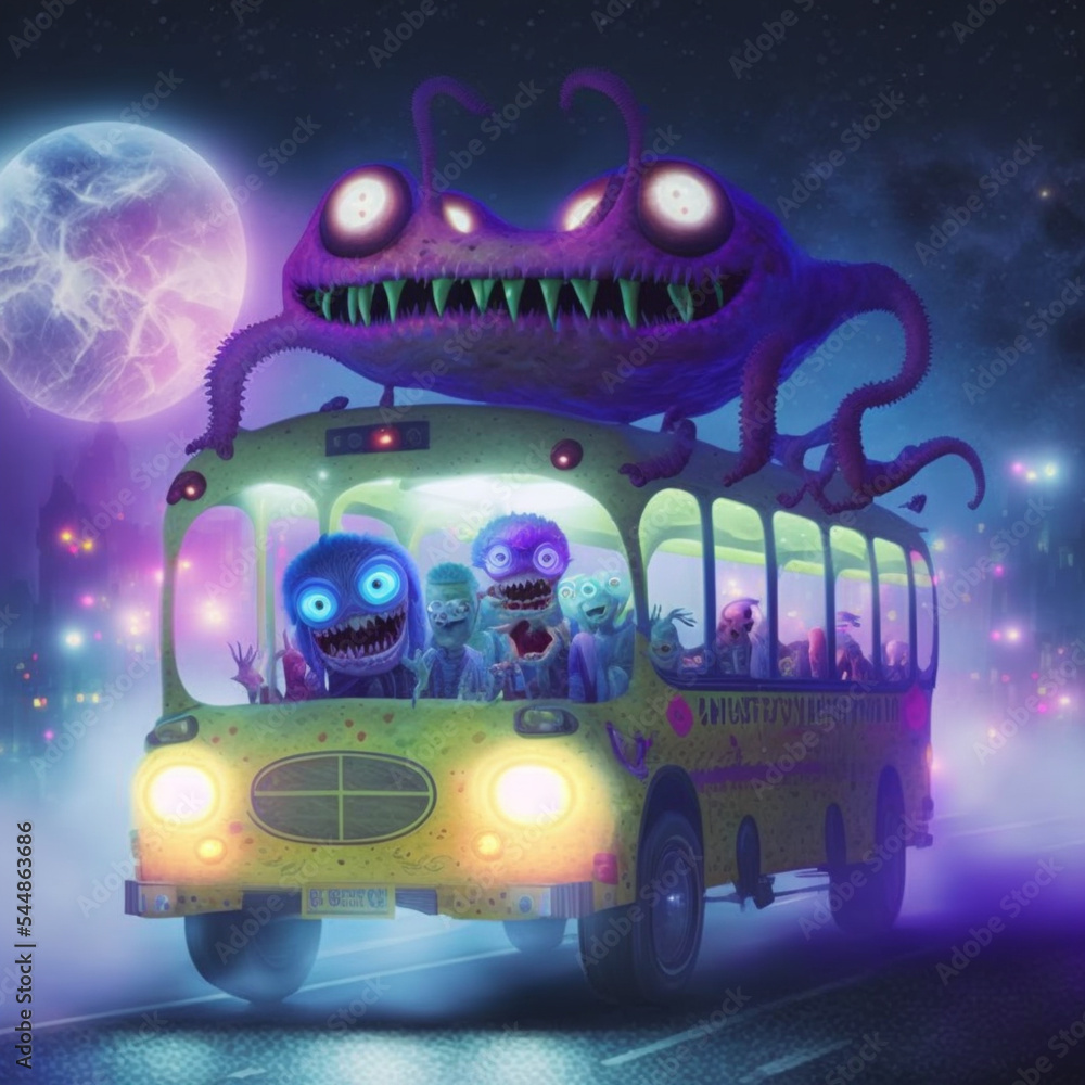 Stockillustratie Nightmare scary monsters riding a bus. Horrible aliens ...