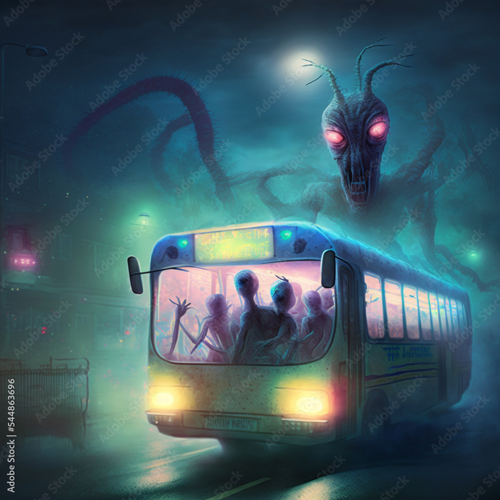 Stockillustratie Nightmare scary monsters riding a bus. Horrible aliens ...