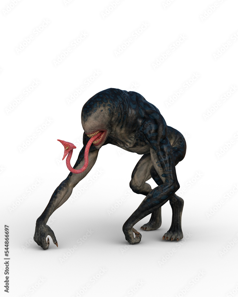 3D Rendering of an alien creature with long potined tongue walking on ...