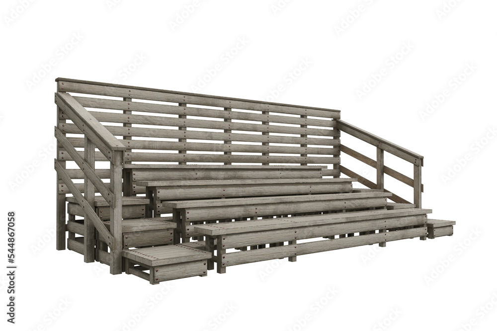 Corner perspective view of a wooden bleachers construction with seats ...