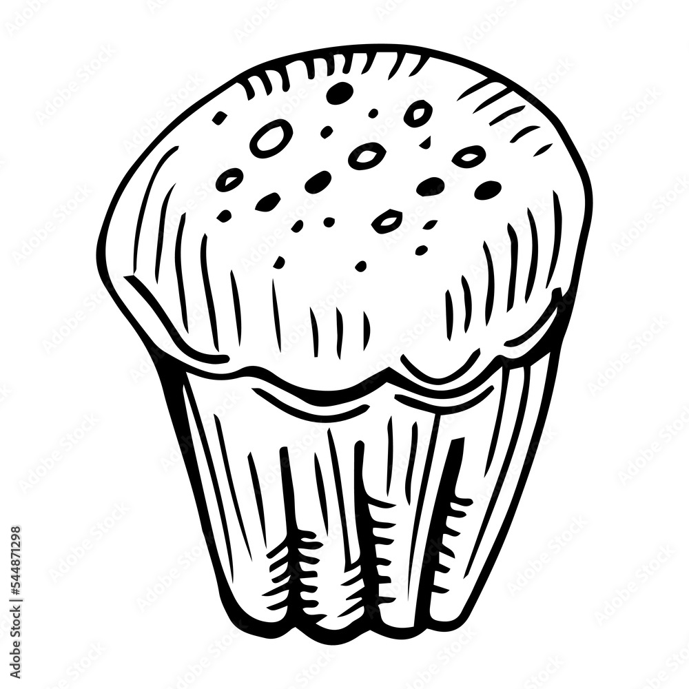 Hand drawn muffin isolated on white. Sketch of fresh baked muffin in ...