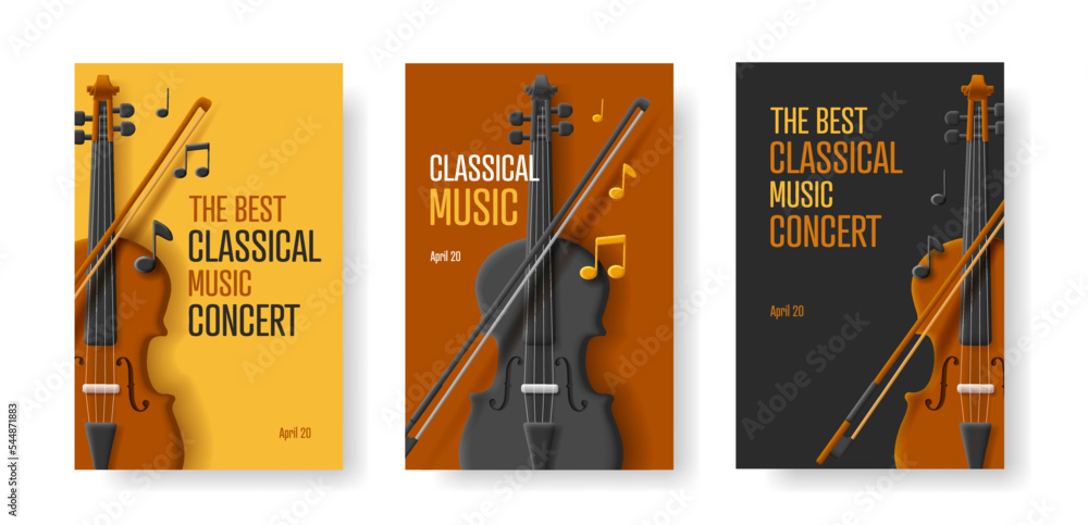 violin concert set of posters with 3d illustration of violin and notes ...