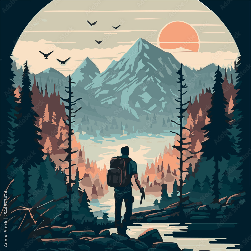 Adventure travel illustration. Great outdoors, landscape vector art ...