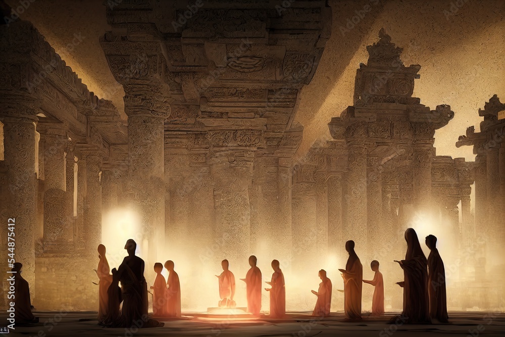 Digital fantasy painting of a group of worshipers at a sun temple ...