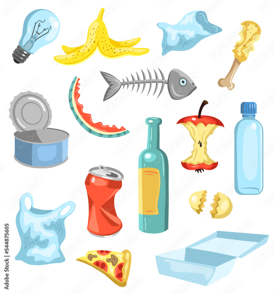 Set of trash cartoon things. Vector illustration isolated on white. Stock Vector | Adobe Stock