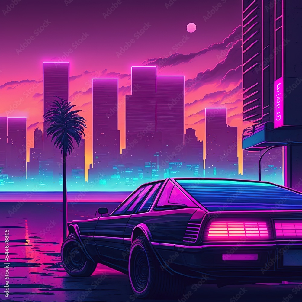 Retro futuristic back side view 80s supercar on trendy synthwave ...