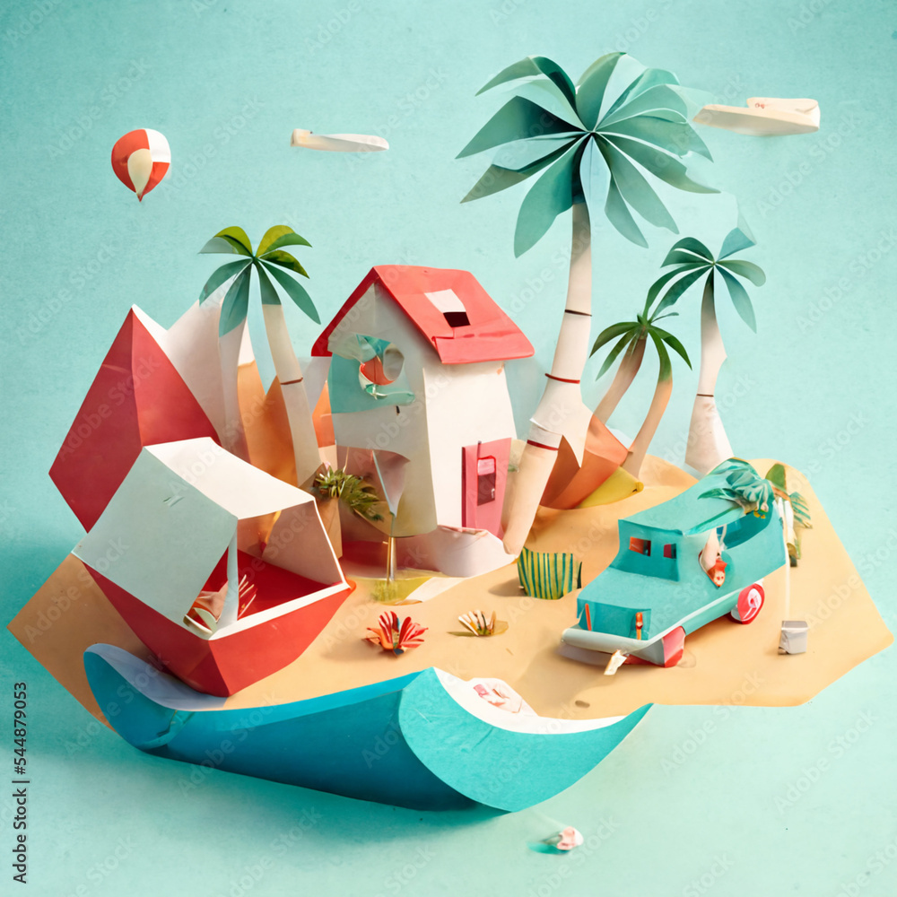 Papercraft of beach house on the beach, gen art Stock Illustration ...