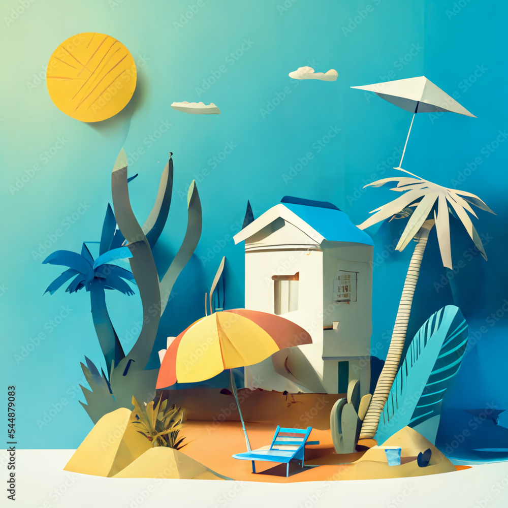 Papercraft of beach with umbrella and chair, gen art Stock Illustration ...