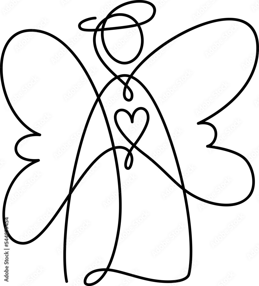 Simple vector Christmas angel with heart, continuous one line drawing ...