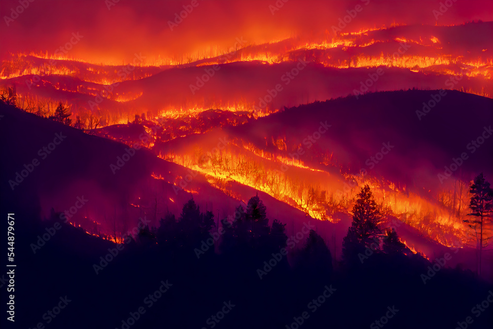 Forest fire, glow from the fire over the forests in the night. A raging ...