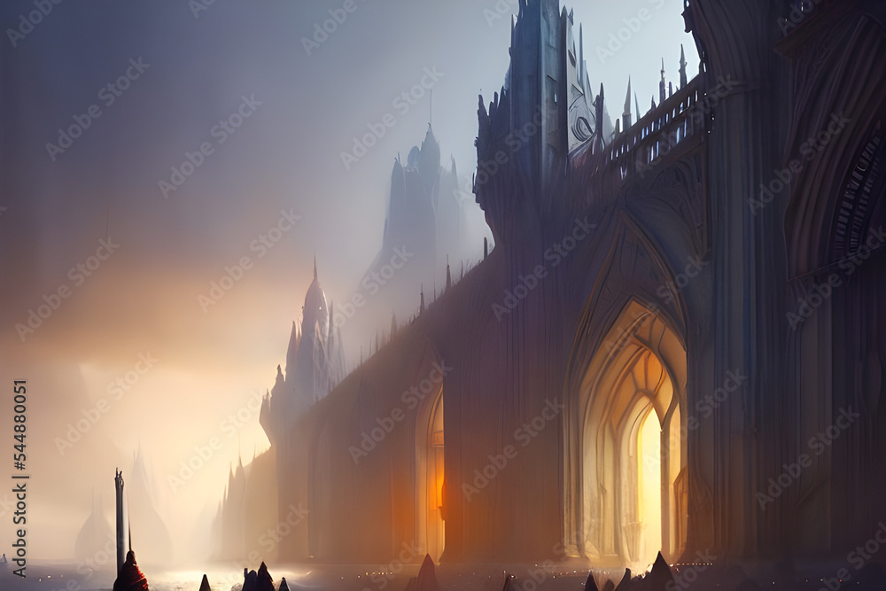 Gothic fantasy city with cathedrals, churches, towers, houses and king ...