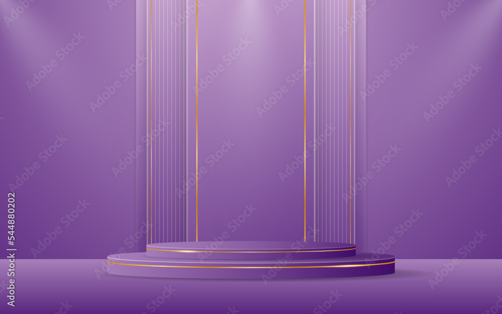 Purple podium with purple stripes with elegant gold lines on the back ...