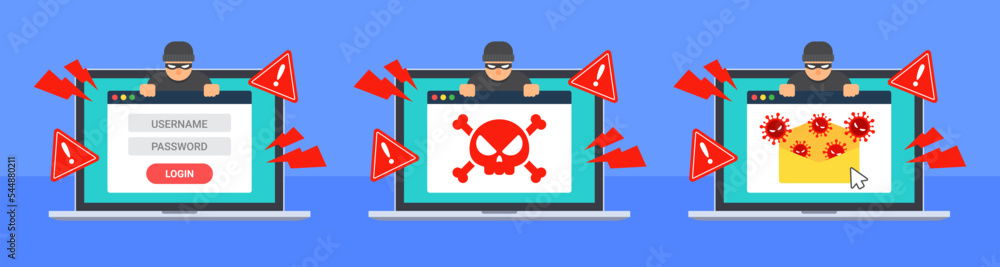 Collection of internet threats. Concept of phishing or scam. Data ...