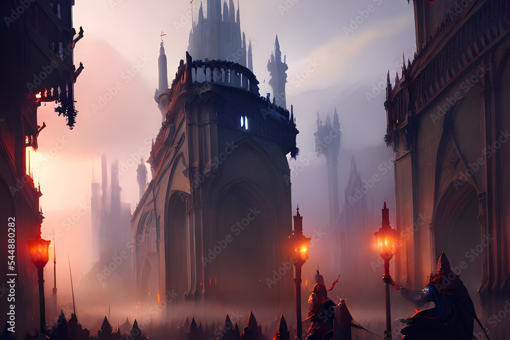 Gothic fantasy city with cathedrals, churches, towers, houses and king ...