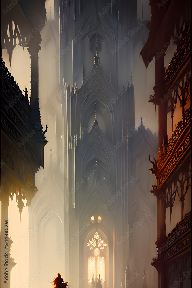 Gothic fantasy city with cathedrals, churches, towers, houses and king ...