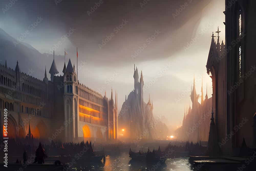 Gothic fantasy city with cathedrals, churches, towers, houses and king ...