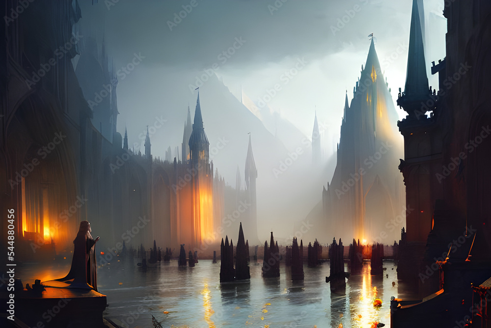 Gothic fantasy city with cathedrals, churches, towers, houses and king ...