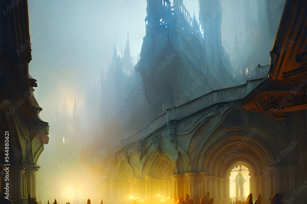 Gothic fantasy city with cathedrals, churches, towers, houses and ...
