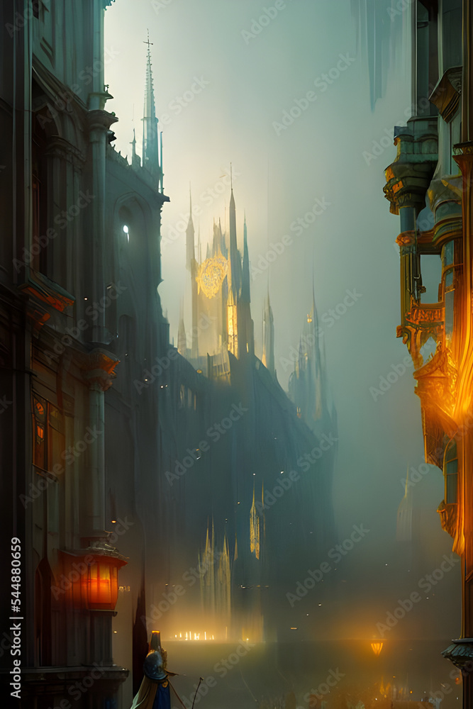 Gothic fantasy city with cathedrals, churches, towers, houses and king ...