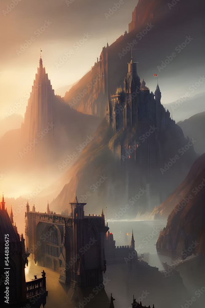 Gothic fantasy city with cathedrals, churches, towers, houses and ...