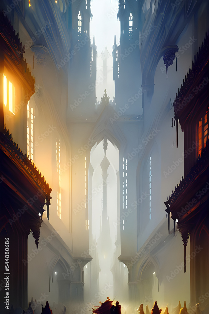 Gothic fantasy city with cathedrals, churches, towers, houses and ...
