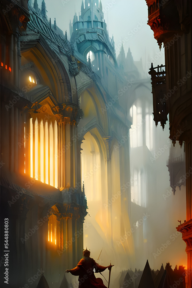 Gothic fantasy city with cathedrals, churches, towers, houses and ...