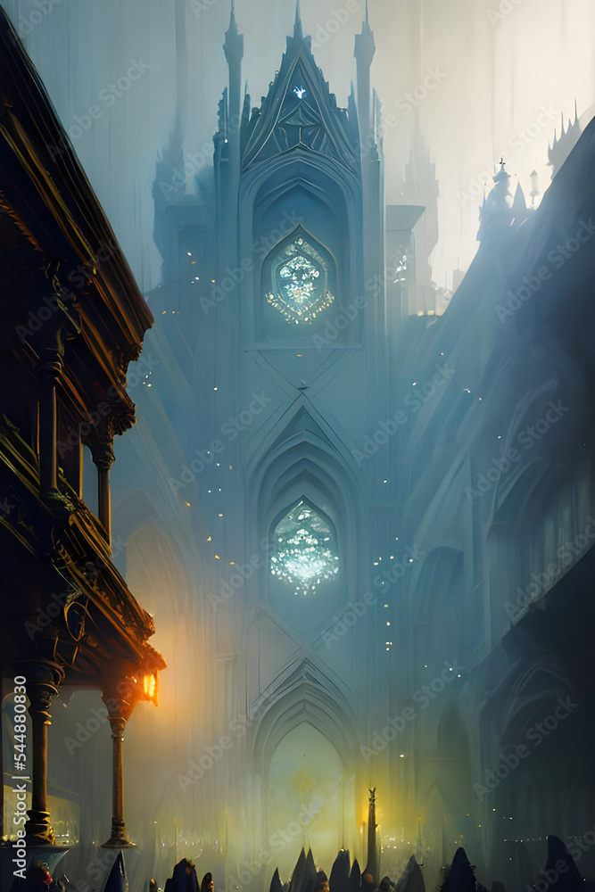 Gothic fantasy city with cathedrals, churches, towers, houses and ...