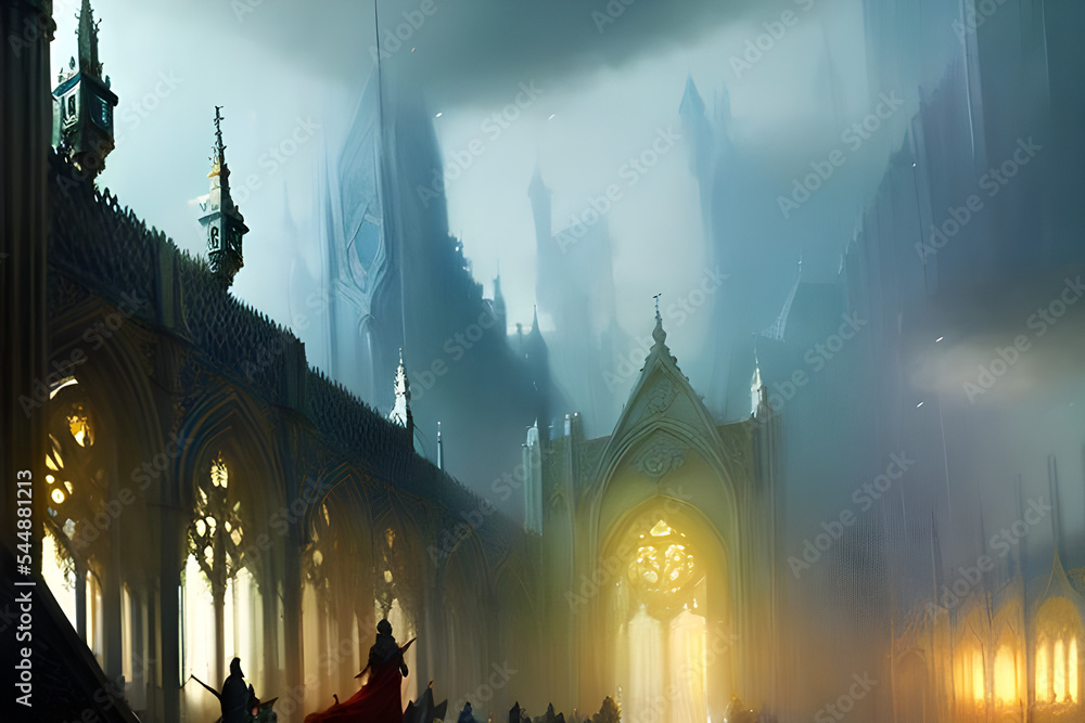 Gothic fantasy city with cathedrals, churches, towers, houses and ...