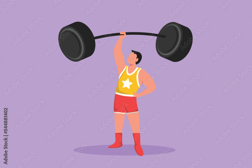 Cartoon flat style drawing of bodybuilder raised barbell or dumbbell ...