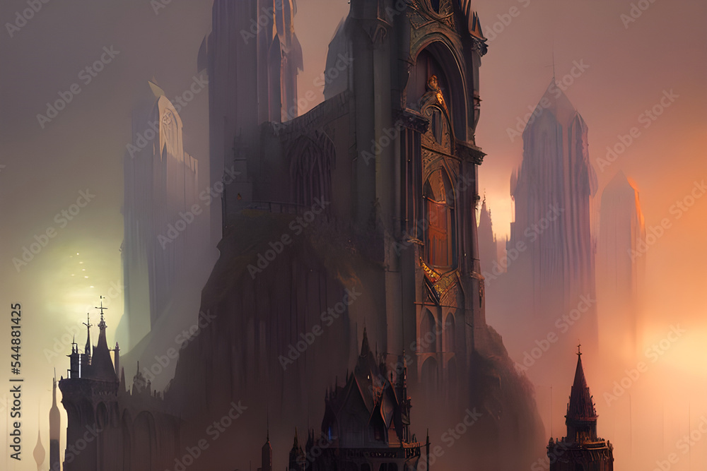 Gothic fantasy city with cathedrals, churches, towers, houses and ...