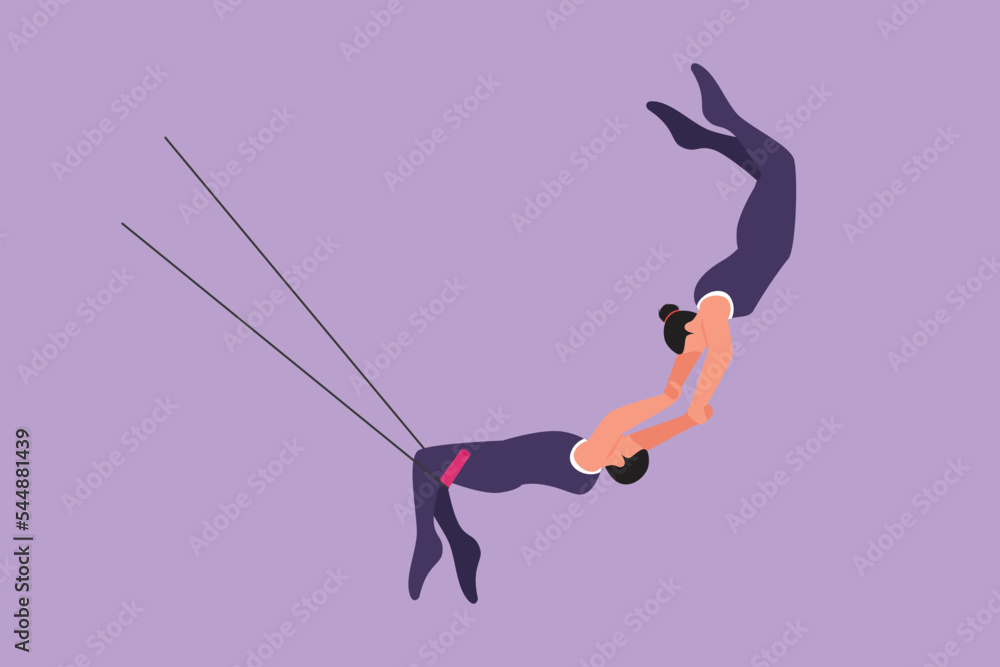 Cartoon flat style drawing two acrobatic players in action on trapeze ...