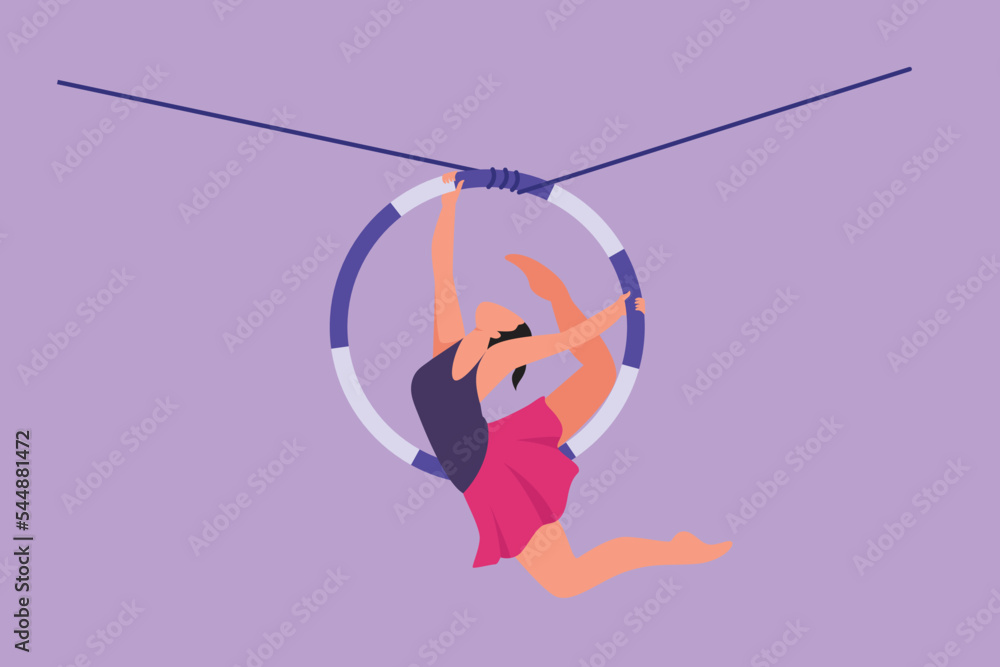 Graphic flat design drawing female acrobatic performs on aerial hoop ...