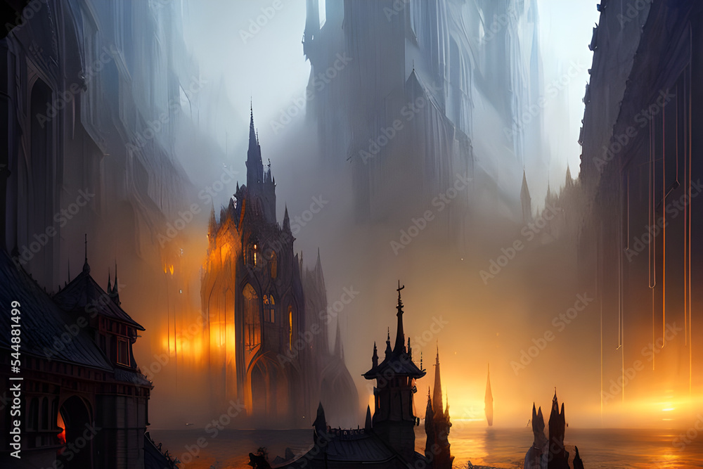 Gothic fantasy city with cathedrals, churches, towers, houses and ...